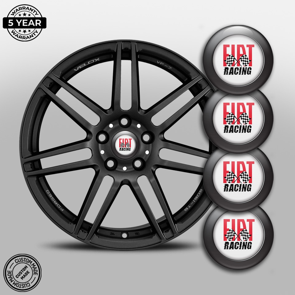 Fiat Center Caps Wheel Emblem White Black Ring Racing Flags Edition ...