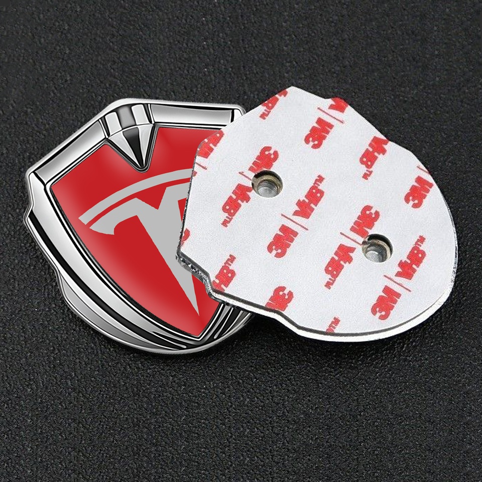 Tesla 3D Car Metal Emblem Silver Red Base Grey Logo Design | Metal ...